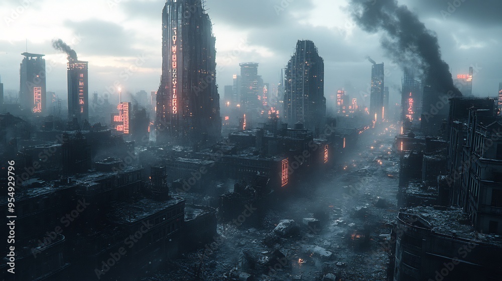 Artistic rendering of dystopian cityscape with crumbling buildings ...