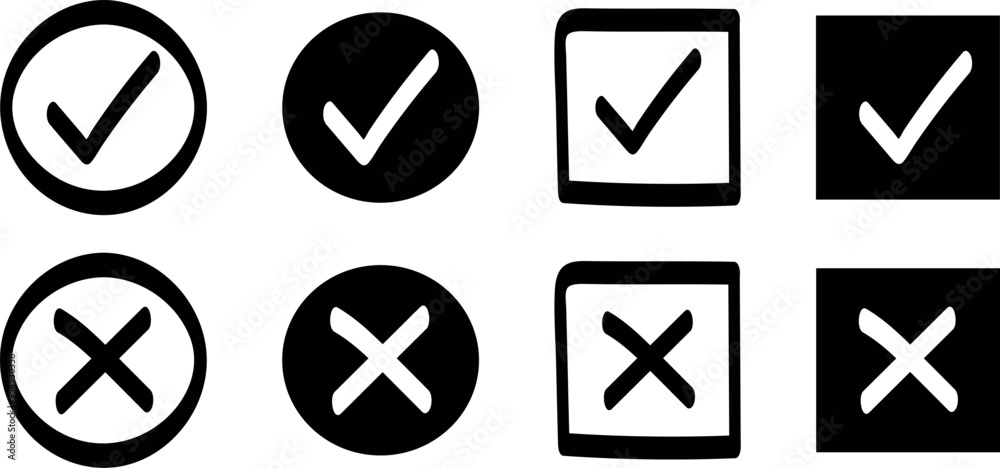 Sharp black and white checkmark and cross on isolated white background ...