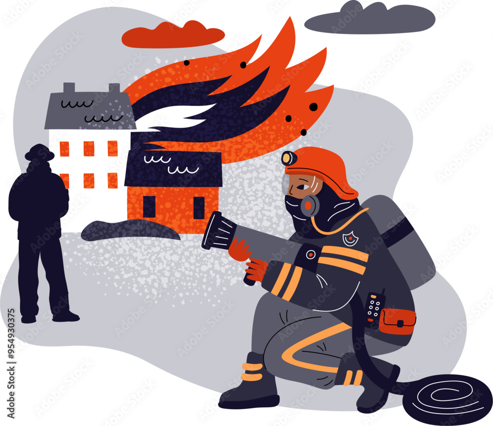 Firefighter characters. Brave fireman extinguishing fire. Emergency ...