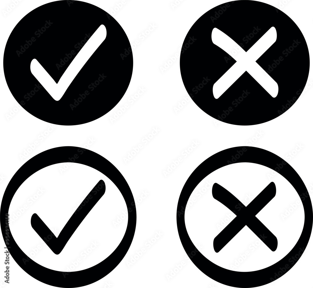 Sharp black and white checkmark and cross on isolated white background ...
