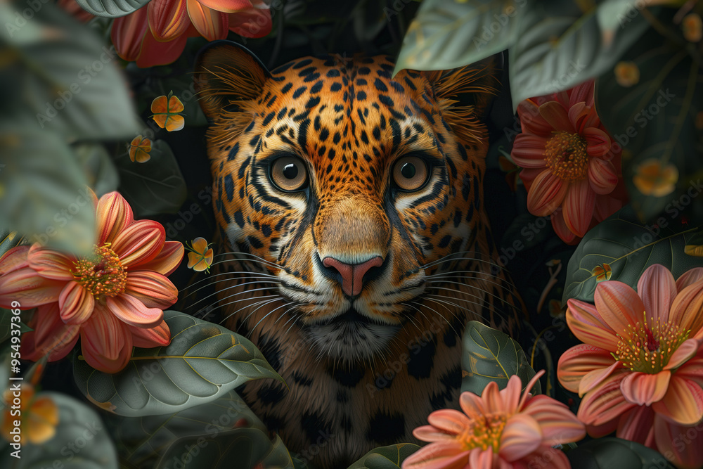 Leopard looks directly surrounded by leaves and flowers. Intense eyes ...