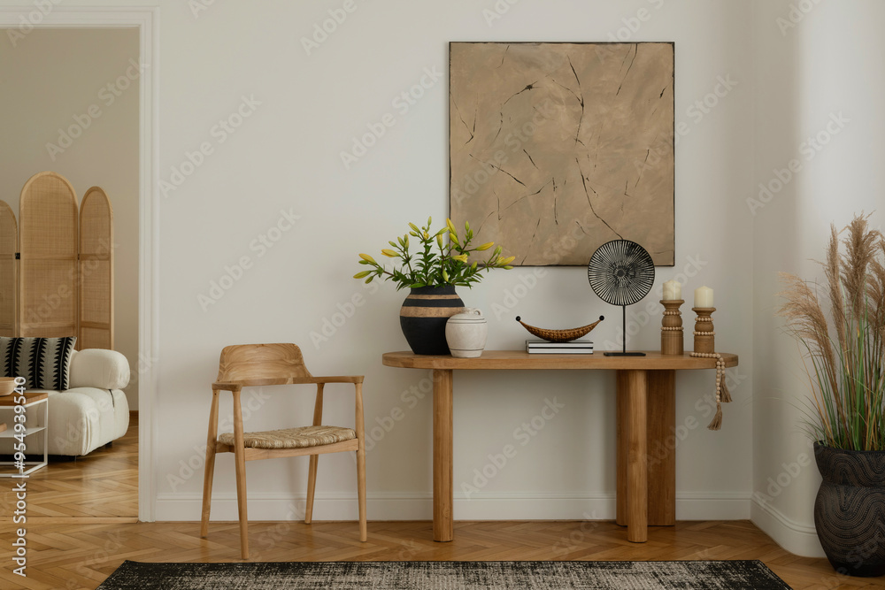 An elegant interior setup with a wooden chair, console table, and chic ...