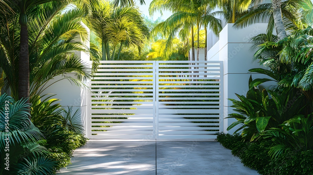 Modern white metal gate, horizontal slats, contemporary design, lush ...