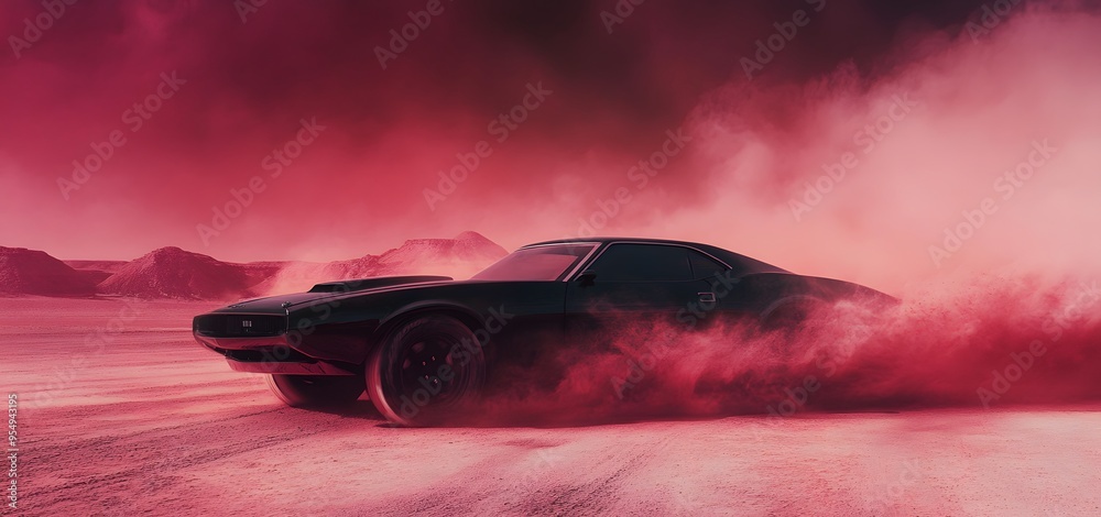 Black Muscle Car Driving Through a Red Dust Cloud Stock Photo | Adobe Stock