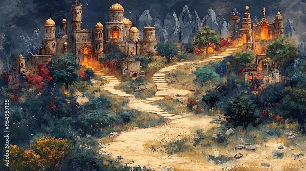 Concept art of fantasy heros journey featuring a map with key locations ...