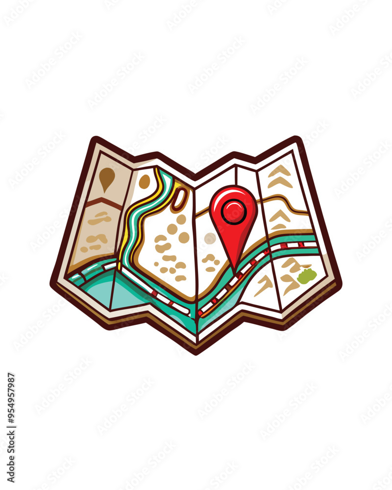 Editable stroke vector of a folded map with a red pin marking a route ...