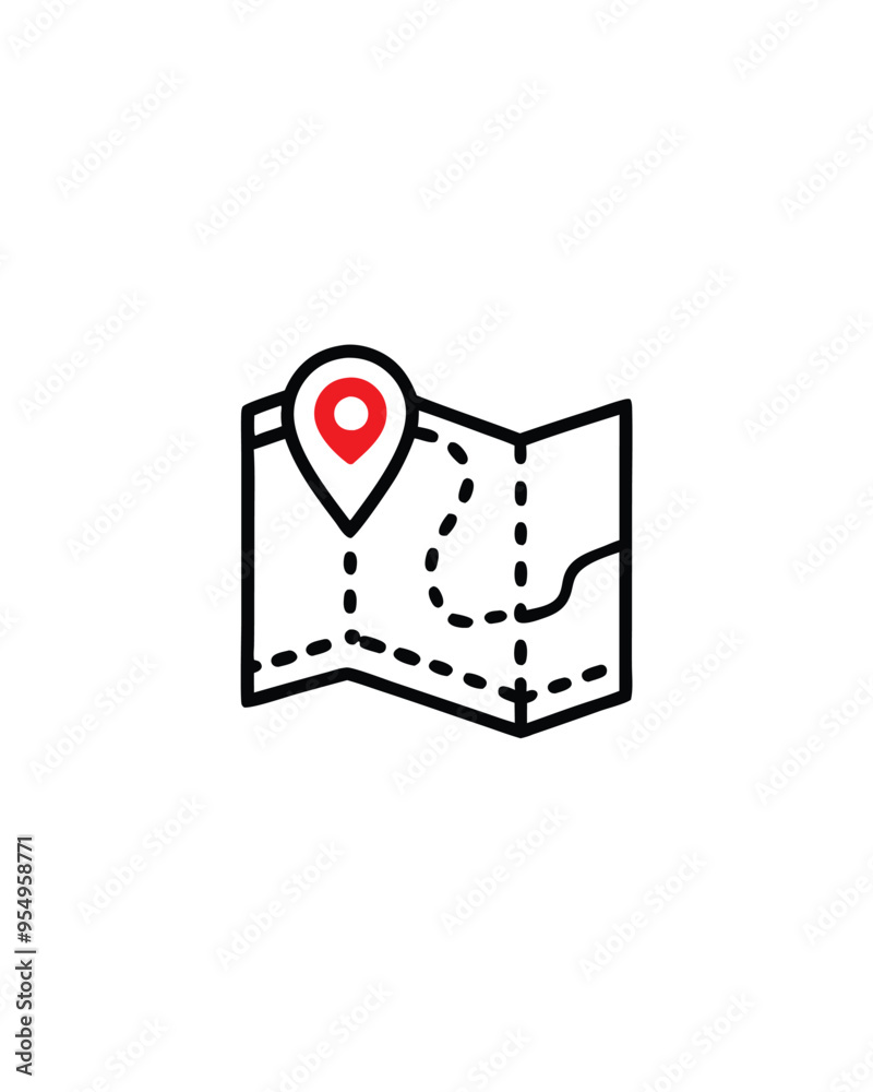 Editable stroke vector illustration of a folded map with a route marked ...