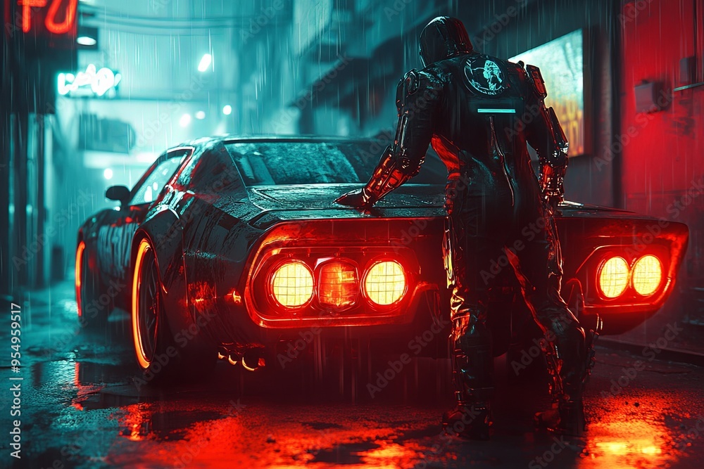 Cyberpunk Street Racer with Bionic Arms Leaning Against a Neon-Lit ...