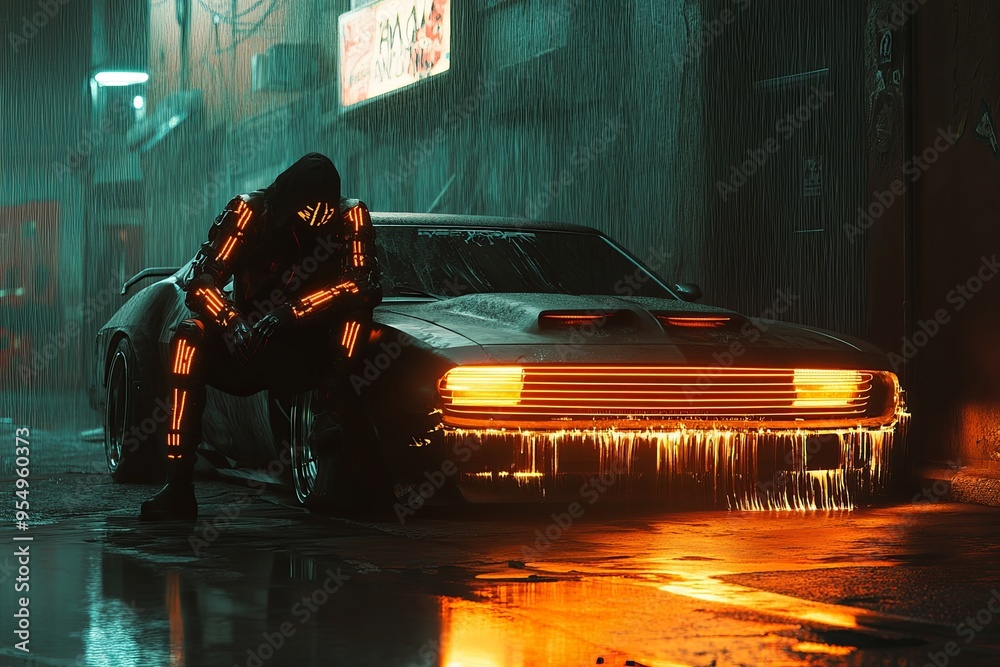 Cyberpunk Street Racer with Bionic Arms Leaning Against a Neon-Lit ...