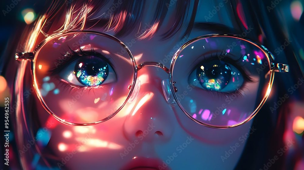 Anime Girl with Round Glasses Reflecting Colorful Lights - Digital Art ...