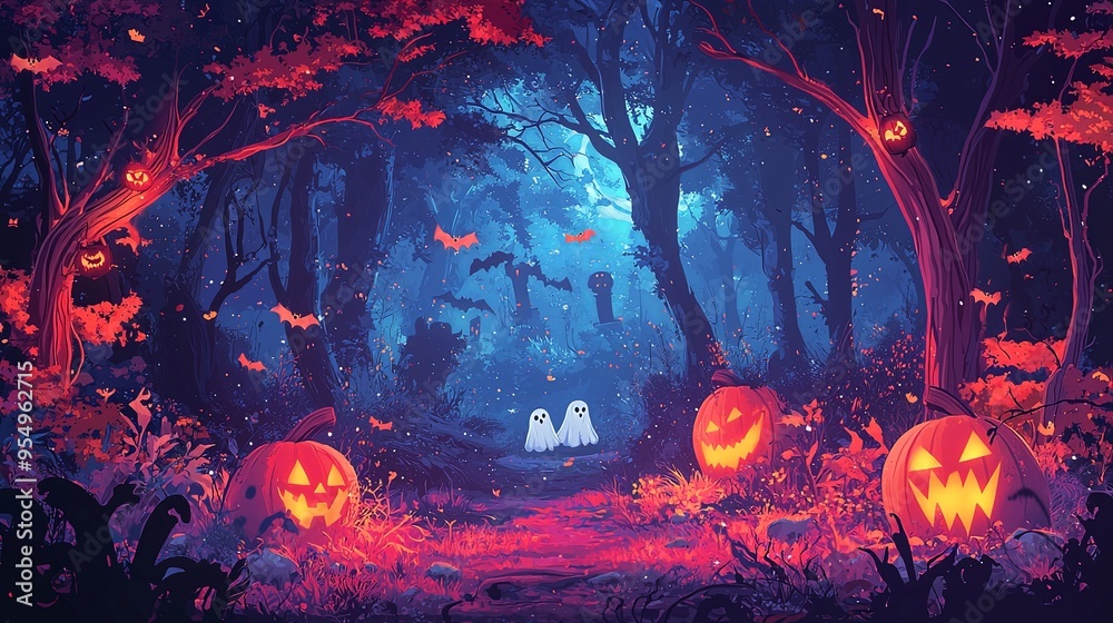 An ethereal forest scene filled with glowing jack-o'-lanterns, ghostly ...