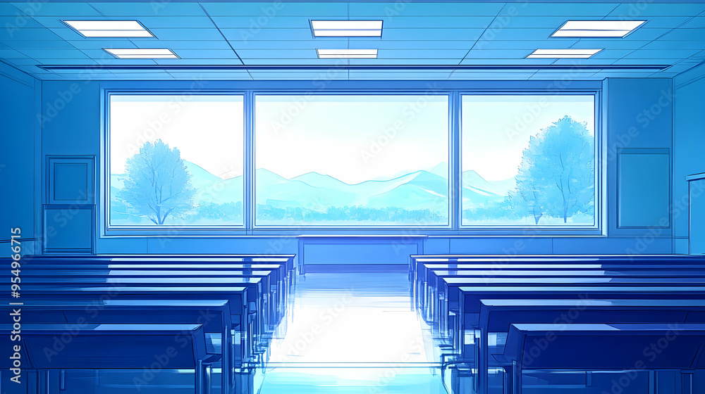Empty Classroom with Rows of Desks Facing a Large Window with a View of ...