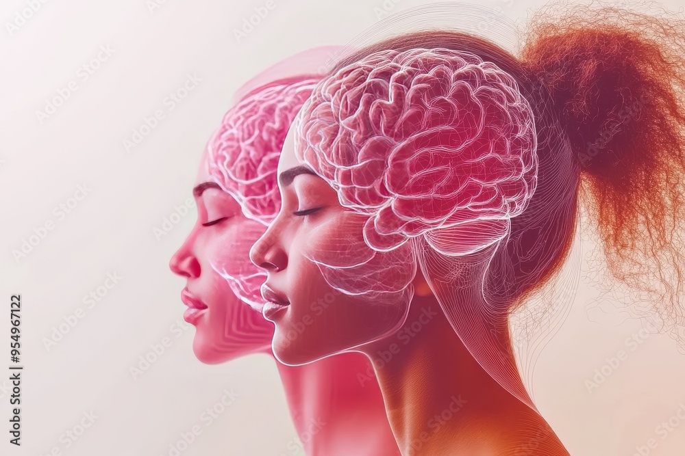 Midbrain Precognitive Double exposure of two women with brain visuals ...