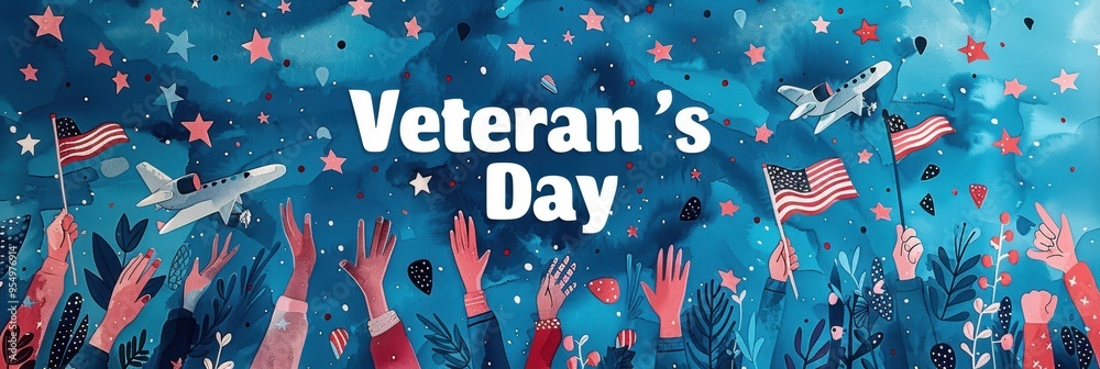 Patriotic Veteran's Day Illustration Featuring a Crowd Waving American ...