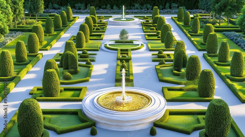 Enclosed garden with symmetrical walkways lined by topiary trees ...