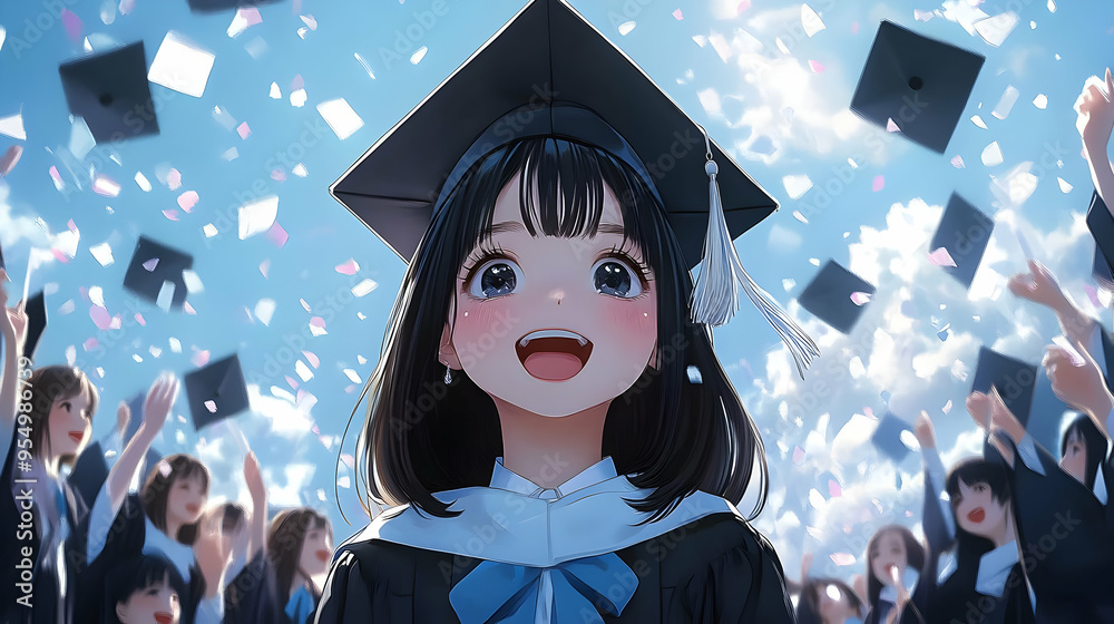 Anime Girl Smiles and Throws Her Graduation Cap into the Air During a ...