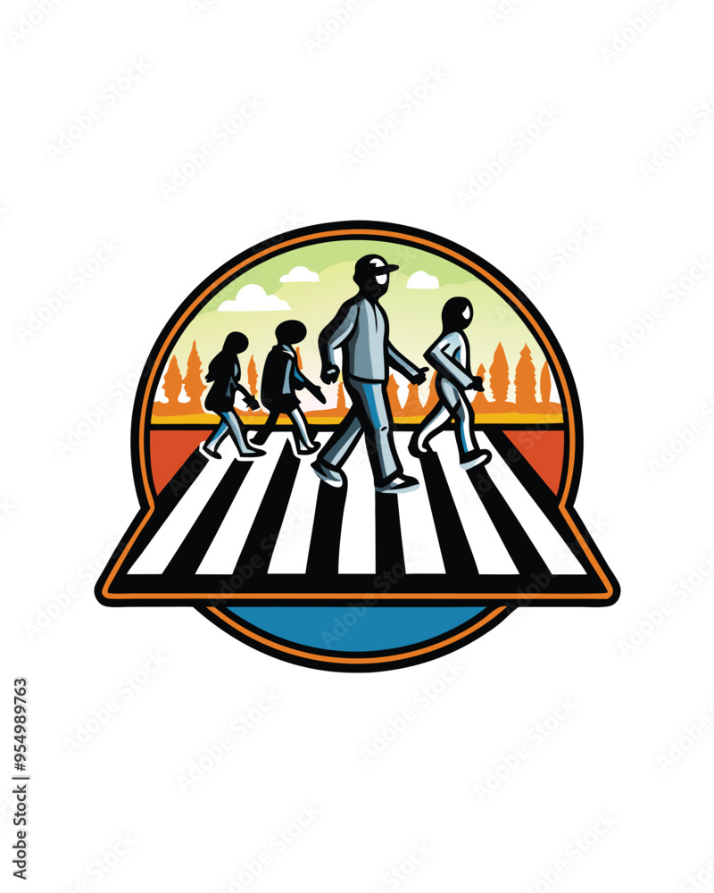 Editable stroke vector illustration of four people walking on a ...
