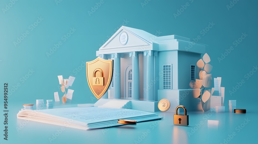 Web banner with bank building and shield indicating security and ...