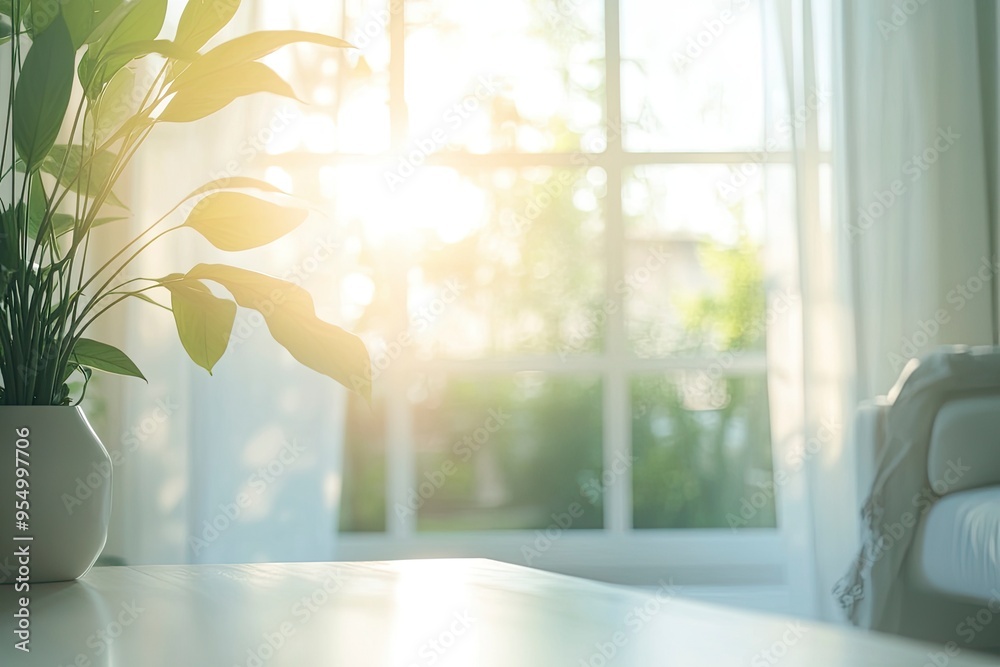 Blur living room at home with morning sunlight at big window for ...