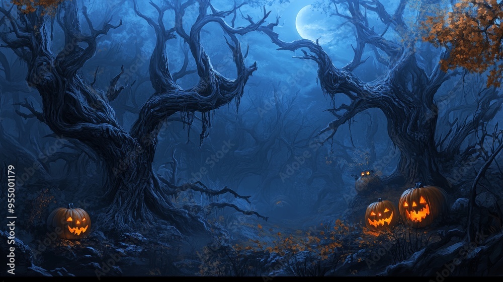 A spooky Halloween background showcasing a dark, creepy forest with ...
