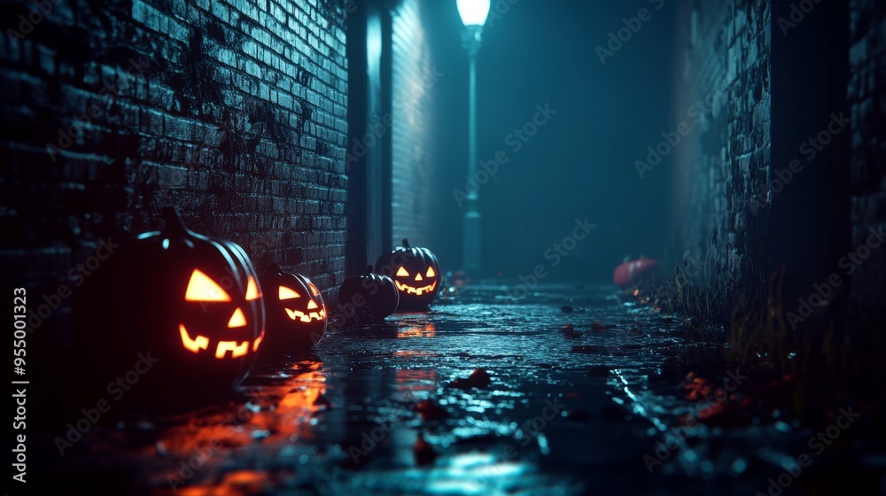 A spooky Halloween background showcasing a dark, creepy alleyway with ...