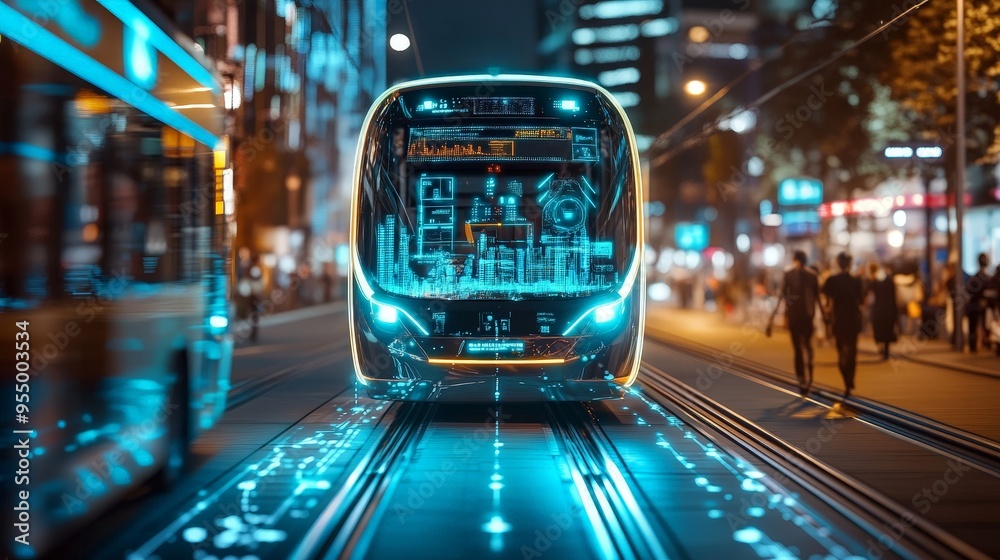 A futuristic public transportation system with smart, autonomous vehicles and digital interfaces ...