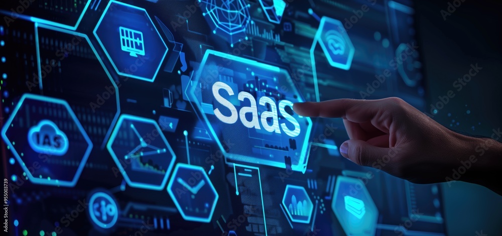 Hand pointing to SaaS interface on futuristic digital screen with various technology icons ...
