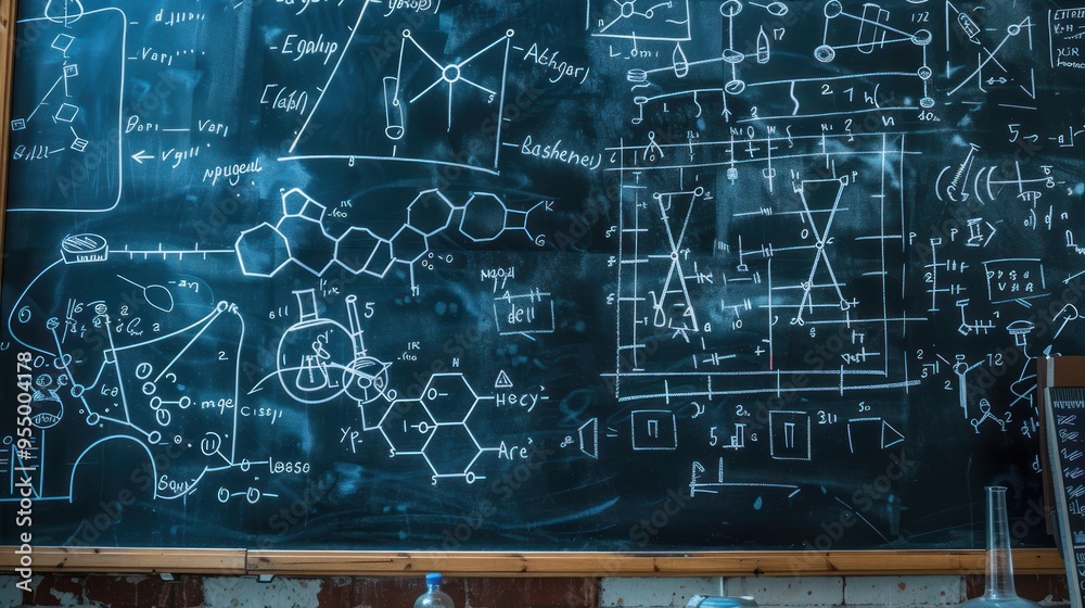 Chalkboard filled with science formulas and diagrams Stock Photo ...