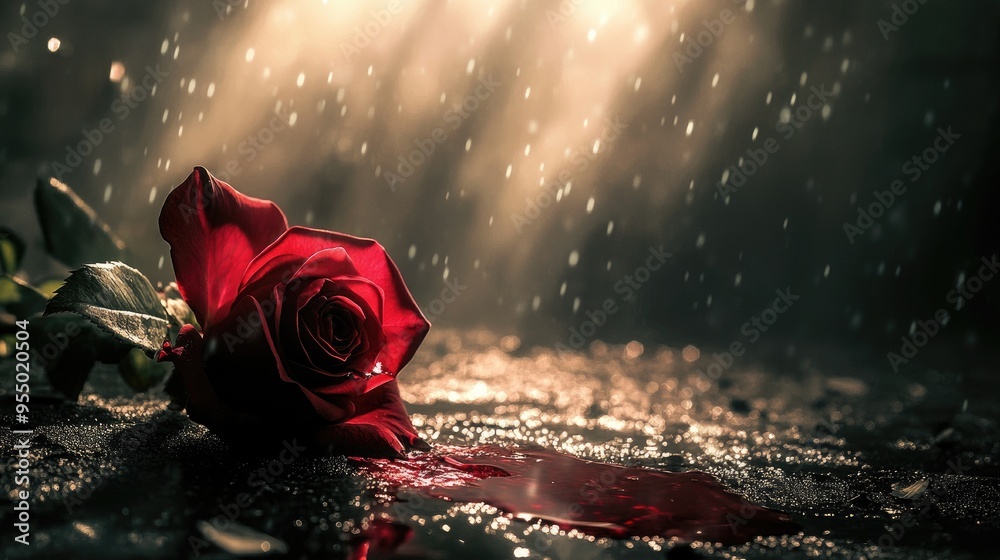 Red rose with blood on the ground, bathed in magical light, with a ...