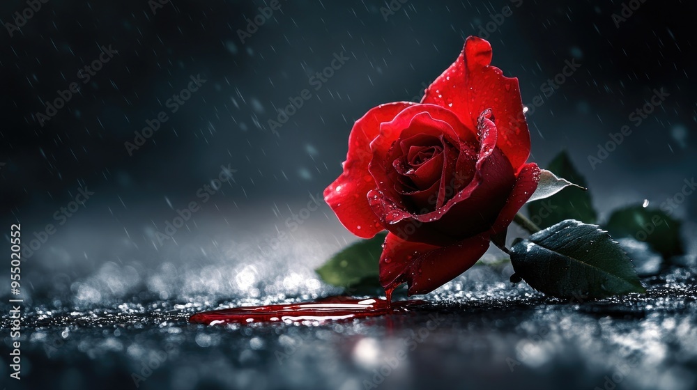Red rose dripping blood onto the ground, illuminated by ethereal light ...