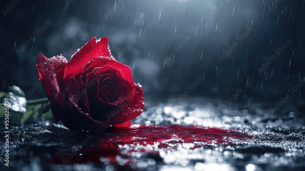 Red rose with blood on the ground, bathed in magical light, with a ...