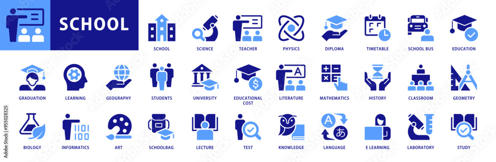School icon set. Including classroom, students and teacher, School Bus ...