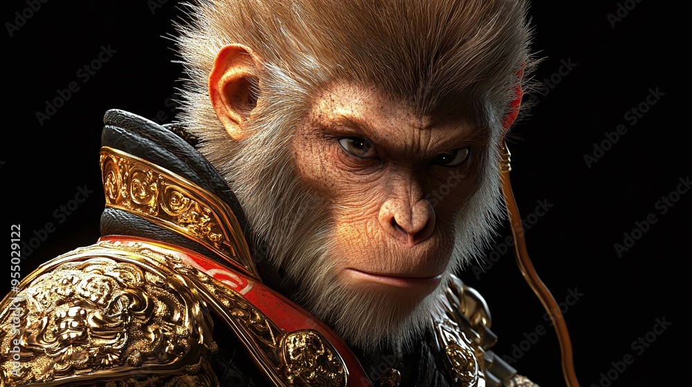 3D realistic of a monkey in armor, Monkey King Sun Wukong AI ...