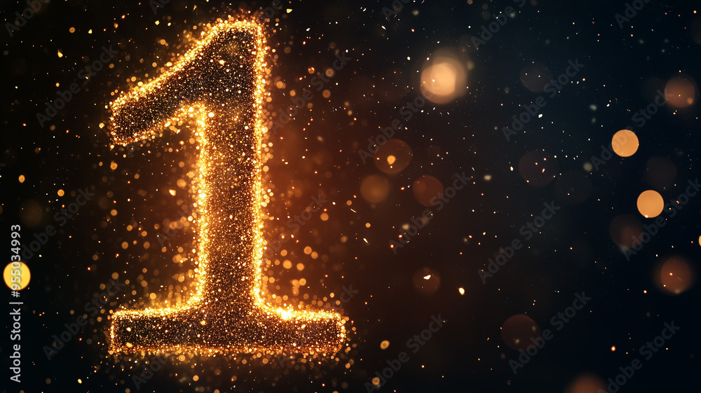 Golden sparkles forming the shape of the number "1" against a dark ...
