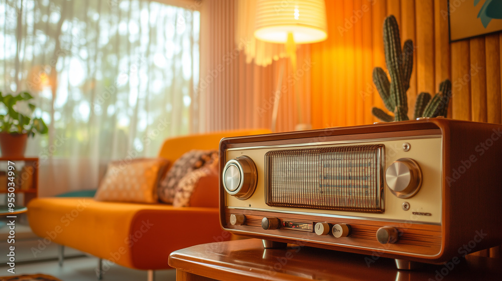 An antique radio with wooden casing and dials, captured in a warm, cozy ...
