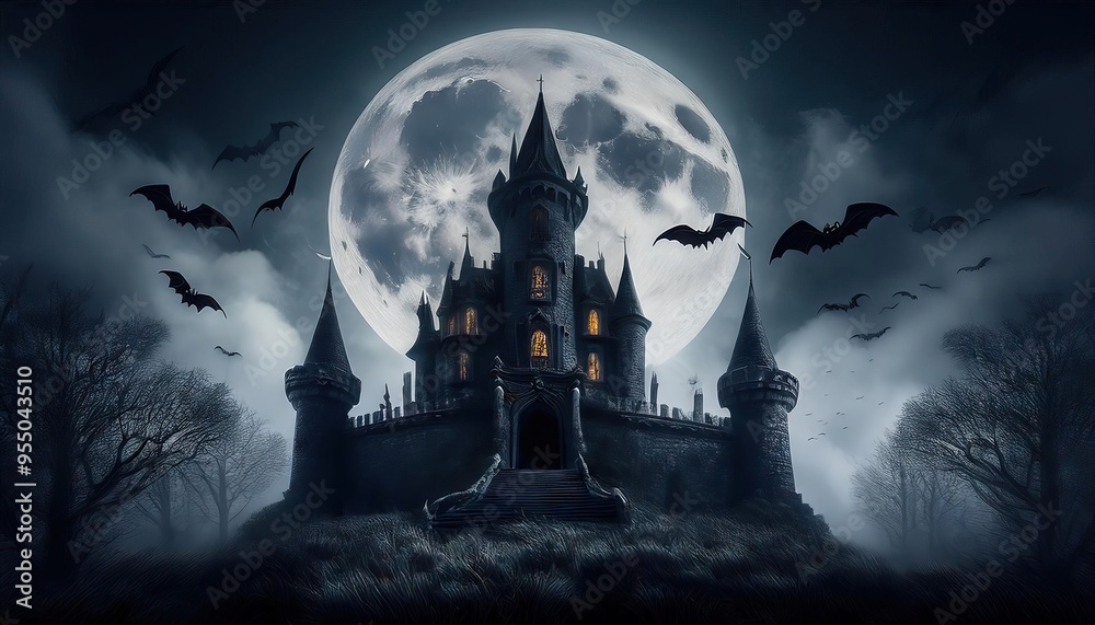 Spooky haunted castle with full moon, ghosts, bats, and eerie atmosphere, perfect for Halloween ...