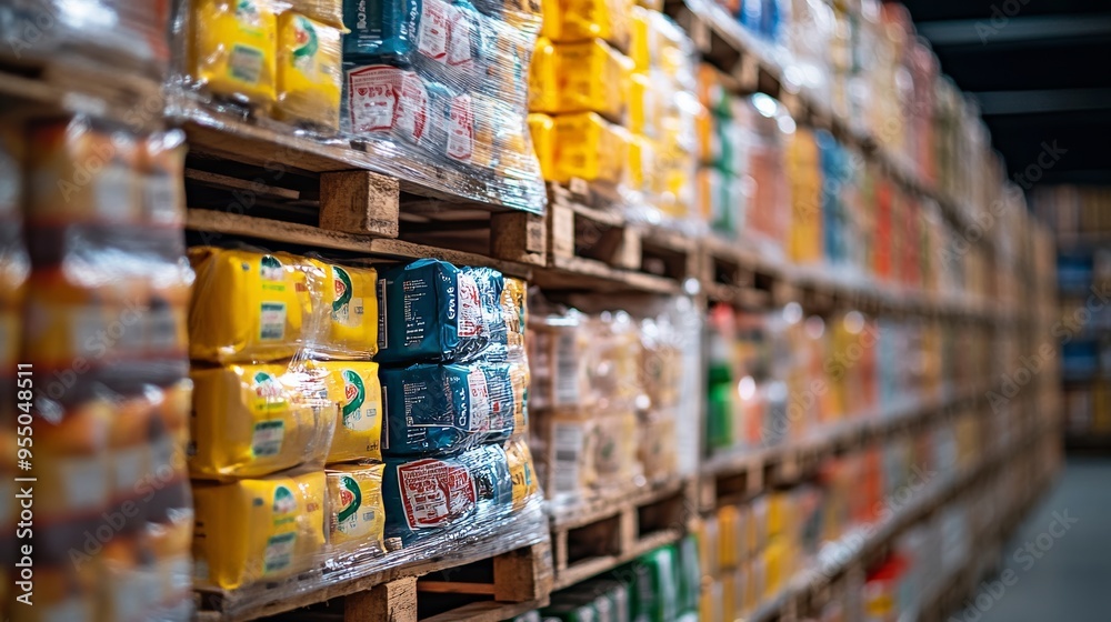 A pallet loaded with diverse food products, glowing holographic labels ...