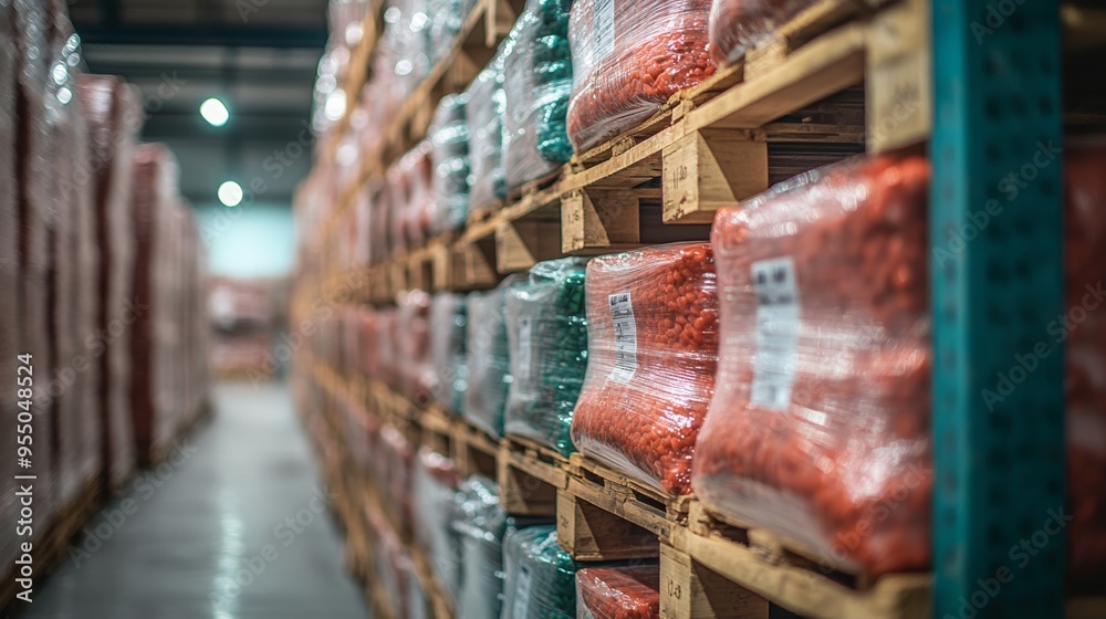 A pallet loaded with diverse food products, glowing holographic labels ...