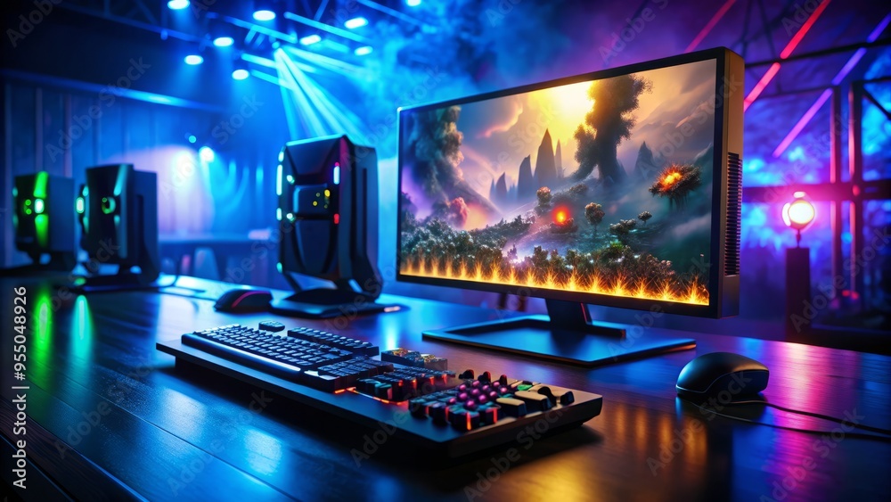 Glowing keyboard lights up a darkened room as a gaming computer's ...