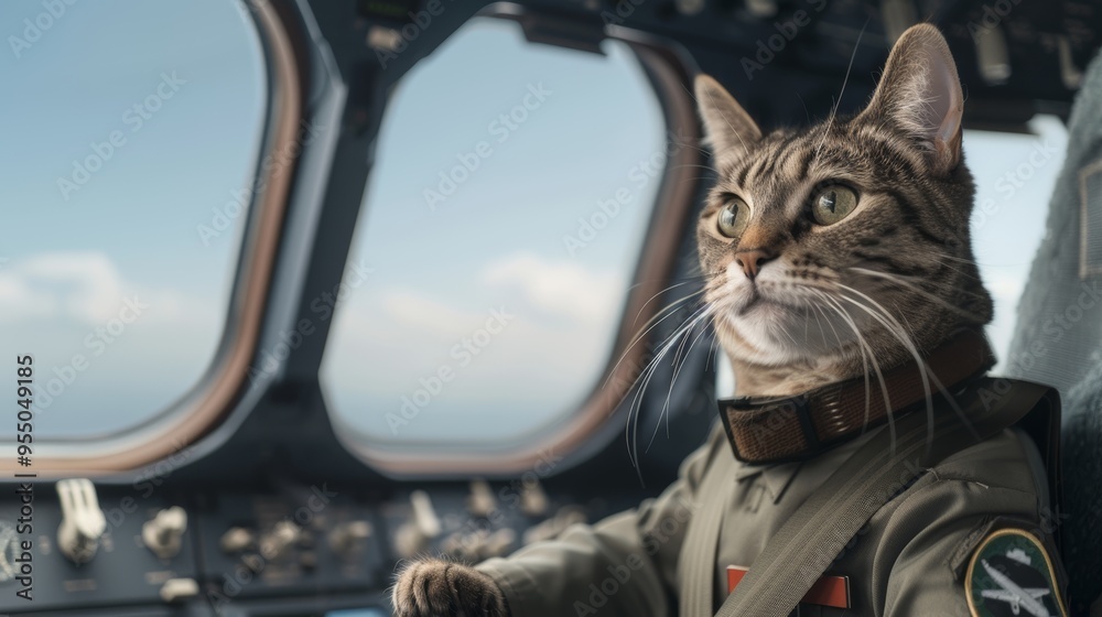 A tabby cat dressed as a pilot sits in an airplane cockpit, looking ...