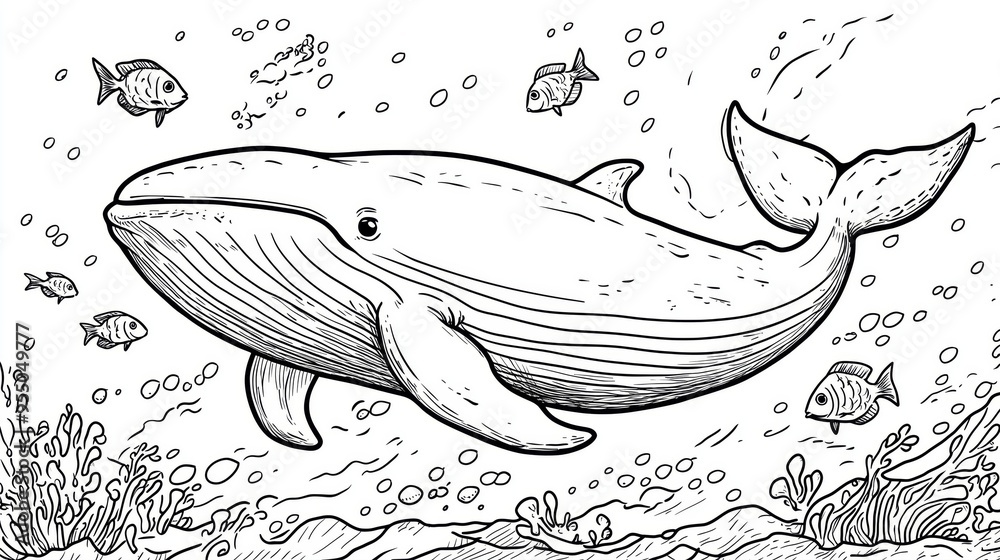 Coloring page, Detailed illustration of a blue whale swimming ...