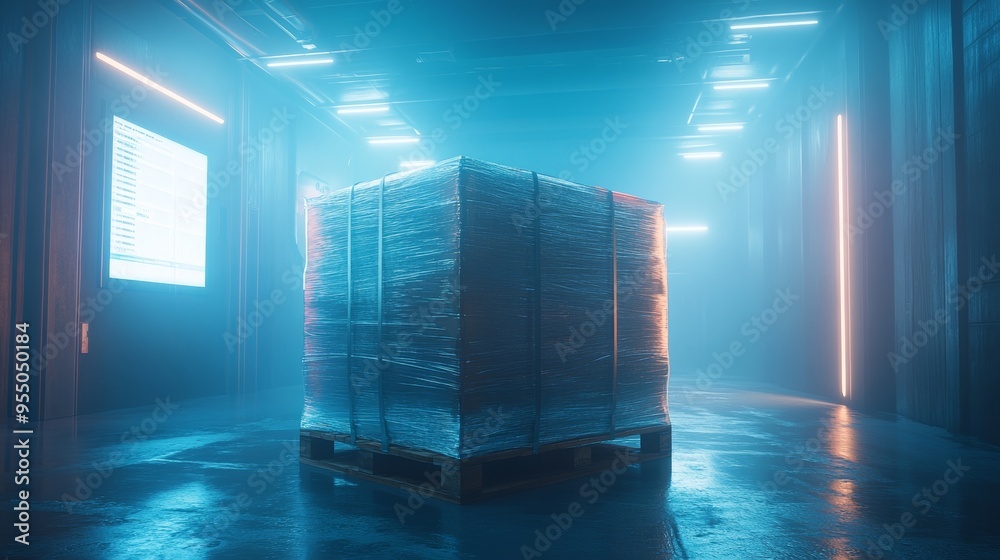 A pallet wrapped tightly in plastic film, glowing under soft neon blue ...