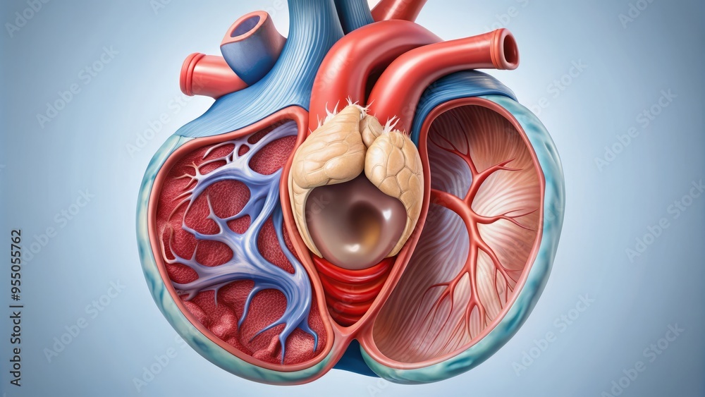 Illustration of a heart's mitral valve showing prolapse, with damaged ...