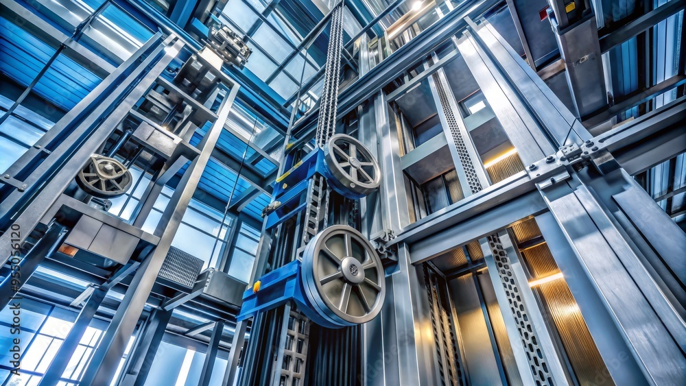 Industrial hydraulic elevator system with steel cables, metal pulleys ...