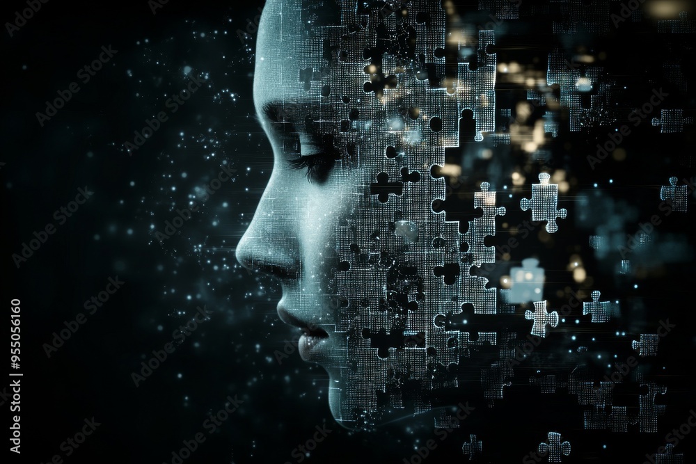 Interpersonal connectivity Neural pathways Face dissolving into pixels symbolizing the digital ...