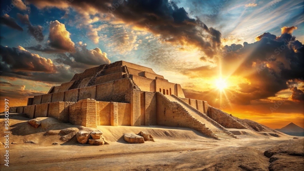 Ancient Sumerian ziggurat ruins stand majestically amidst vast, sun ...