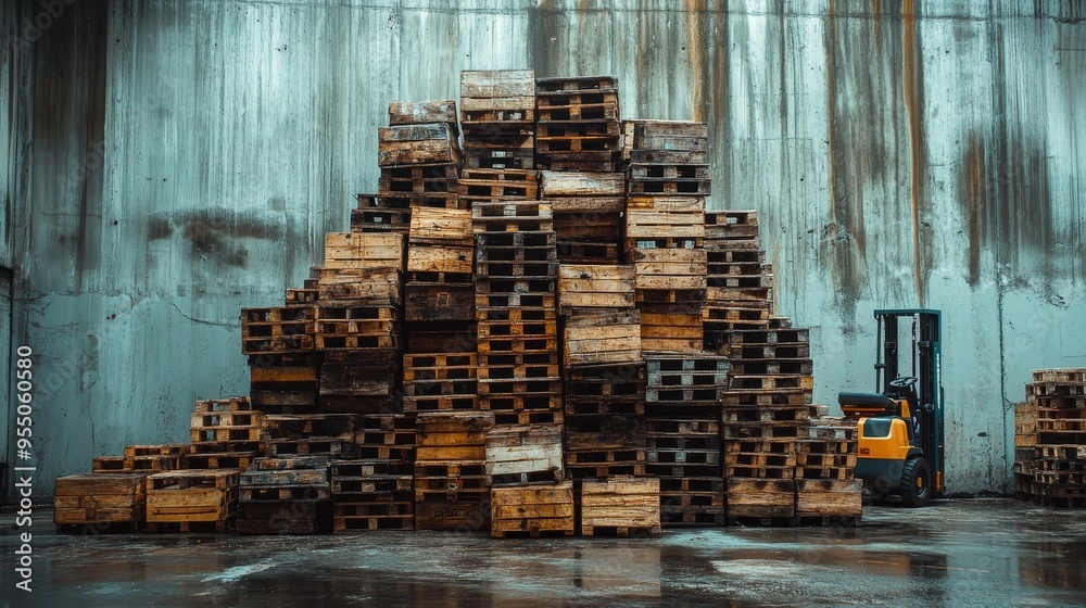 A towering pile of wooden pallets by a massive warehouse wall, with ...