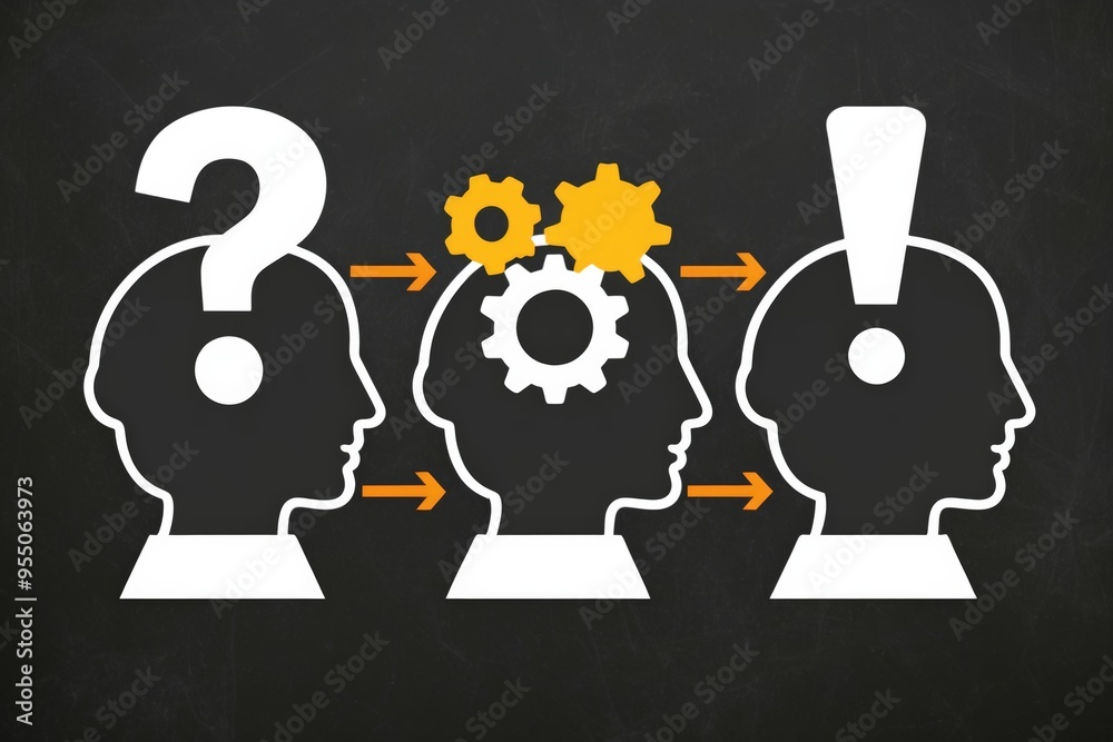 Three side profile silhouettes of human heads with question mark, gears ...