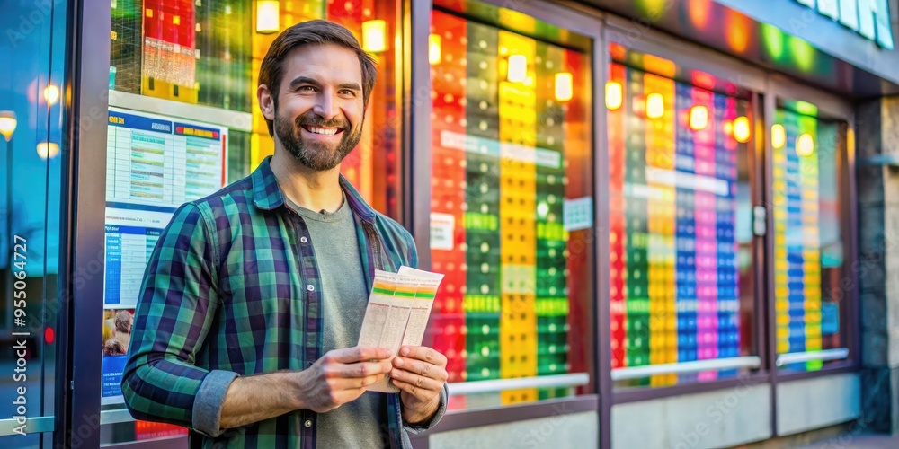 A smiling customer holds a ticket stub and stands in front of a ...