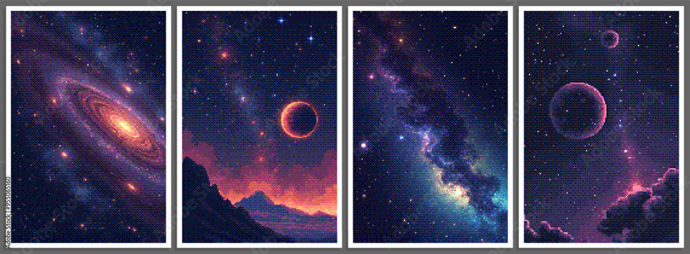 Set of pixelated posters with futuristic deep space scene in pixel art ...